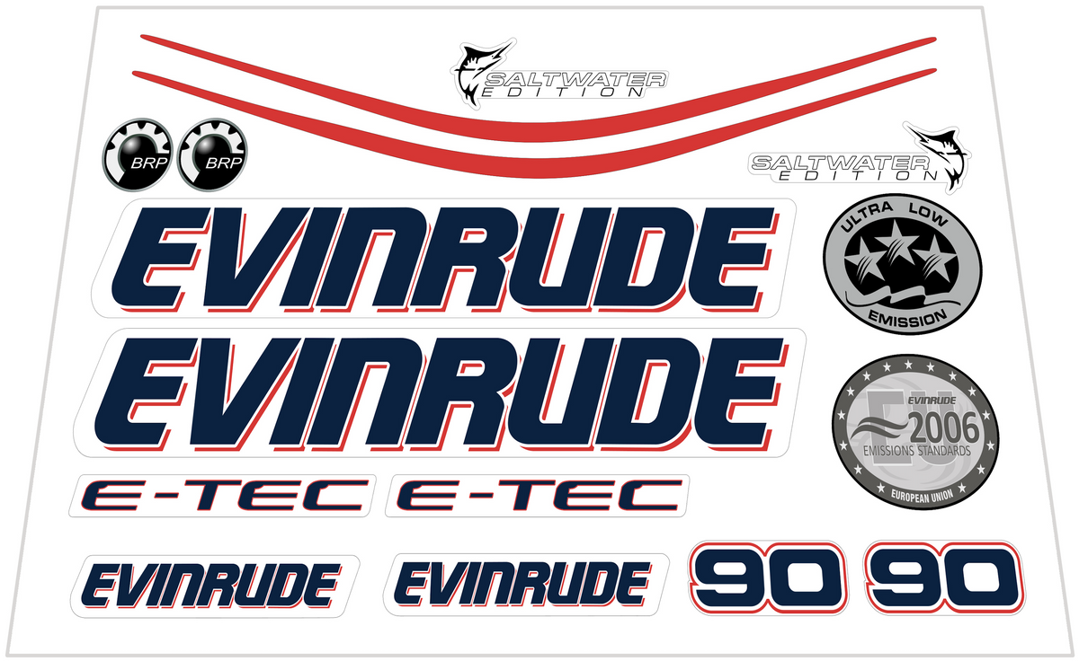 Evinrude 90hp E-Tec Aftermarket Decal Set - White Cowl Red Stripe ...